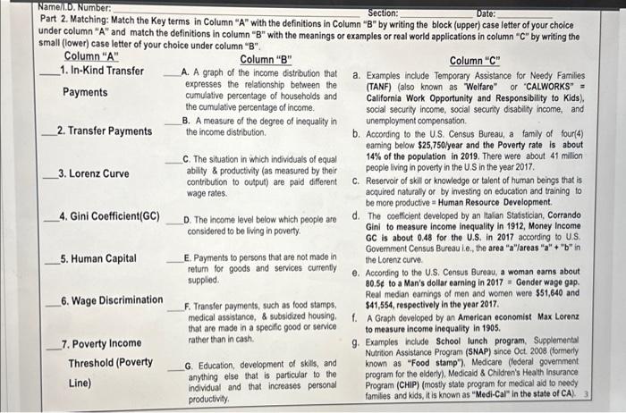 Solved Part 2. Matching: Match the Key terms in Column " A " | Chegg.com