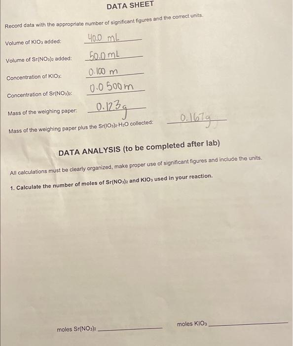 Solved DATA SHEET Record data with the appropriate number of | Chegg.com