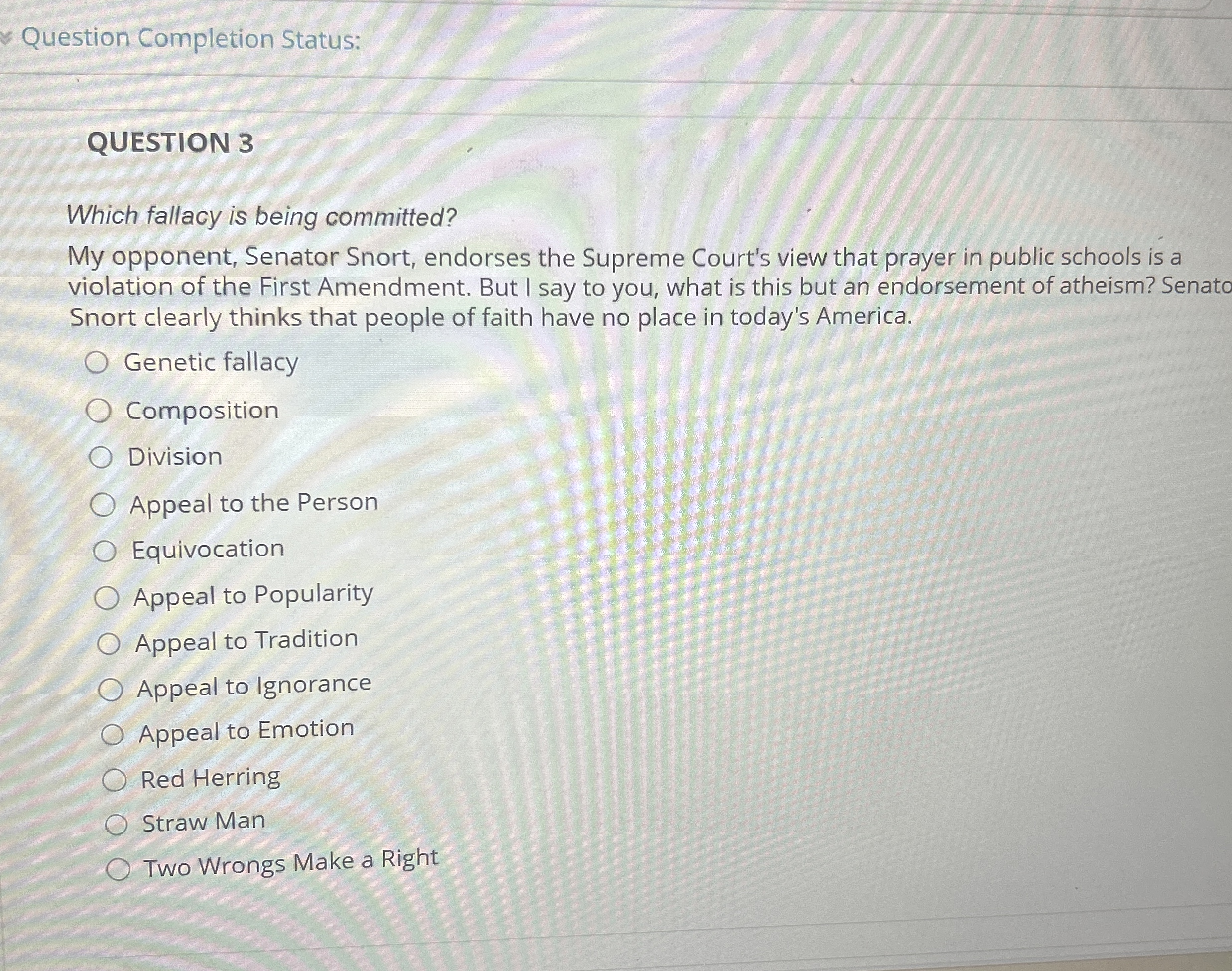 Solved Question Completion Status:QUESTION 3Which fallacy is | Chegg.com
