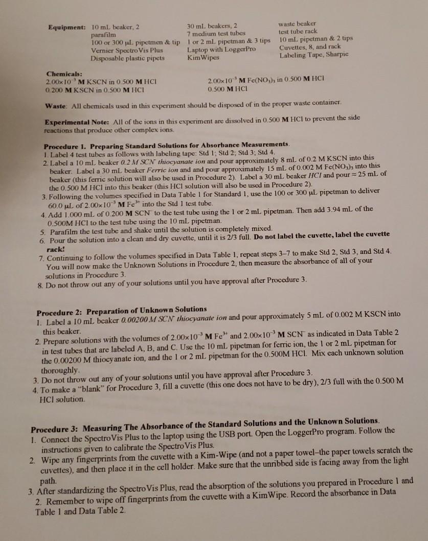 Solved Equipment: 10 ml beaker, 2 30 ml beakers, 2 waste | Chegg.com