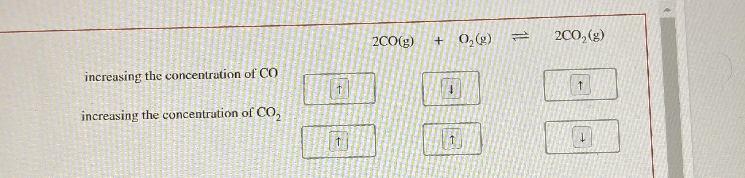 Solved 2CO(g)+O2(g)⇌2CO2(g)increasing the concentration of | Chegg.com