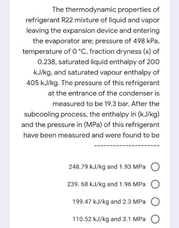 Solved The thermodynamic properties of refrigerant R22 | Chegg.com