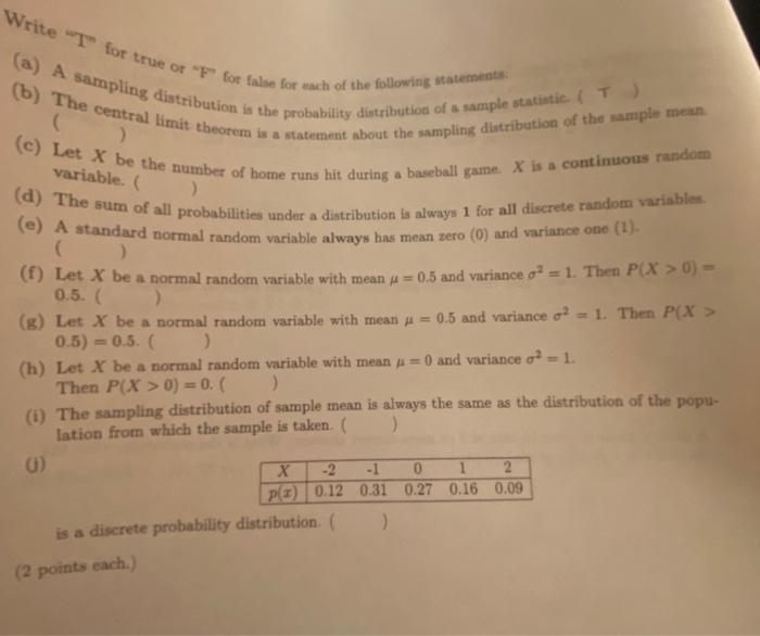 Solved Write "T" for true or "F" for false for each of the | Chegg.com