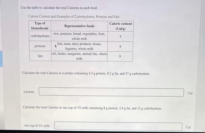 Solved Use the table to calculate the total Calories in each | Chegg.com