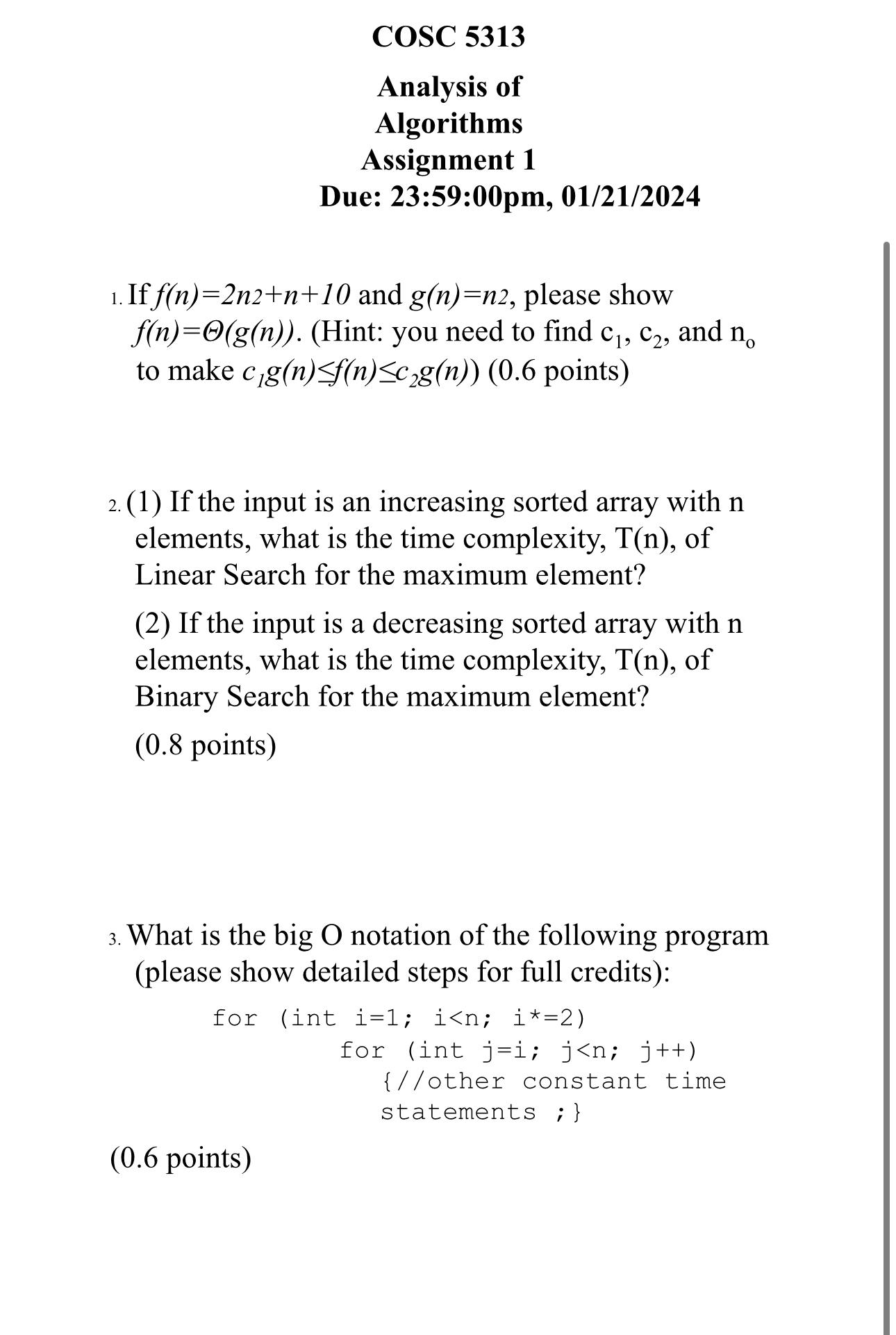 Solved COSC 5313Analysis of AlgorithmsAssignment 1Due: | Chegg.com