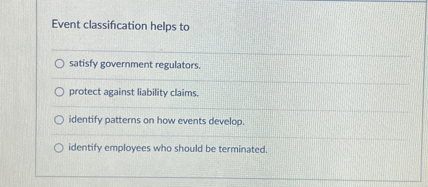 Solved Event classification helps tosatisfy government | Chegg.com