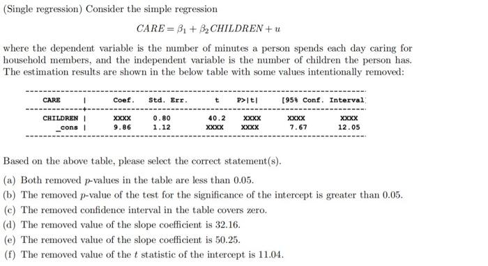 Solved (Single regression) Consider the simple regression | Chegg.com