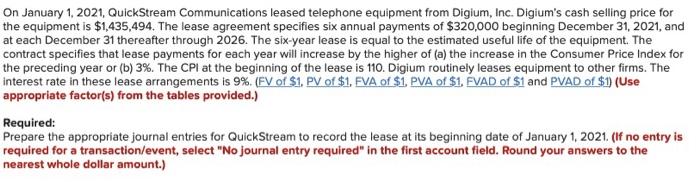 Solved On January 1, 2021, QuickStream Communications leased | Chegg.com