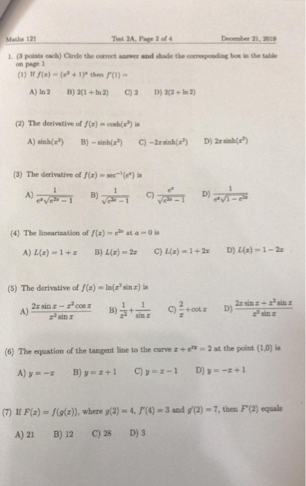 Solved Maths 121 Test 2A, Page 2 of 4 December 21, 2019 1. | Chegg.com