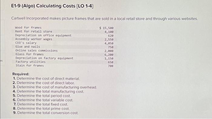 Solved E1-9 (Algo) Calculating Costs [LO 1-4] Cartwell | Chegg.com