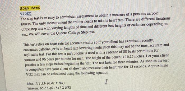 Solved Step test VIDEO The step test is an easy to | Chegg.com