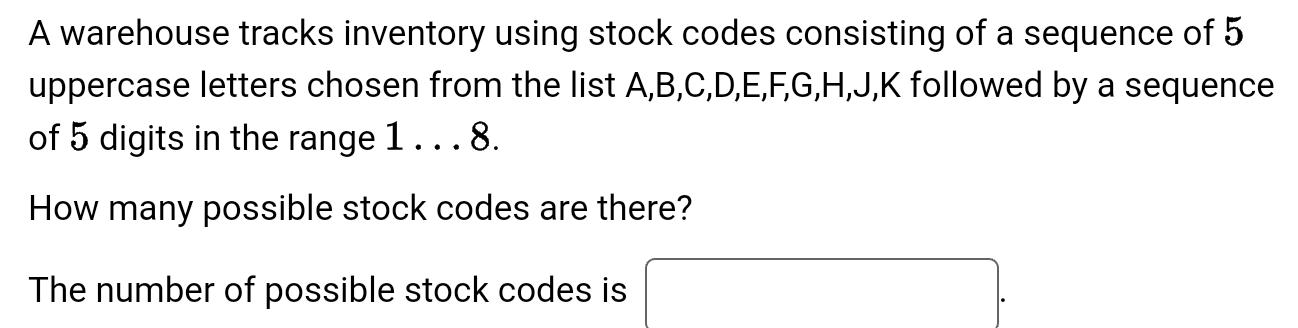 Solved A warehouse tracks inventory using stock codes | Chegg.com