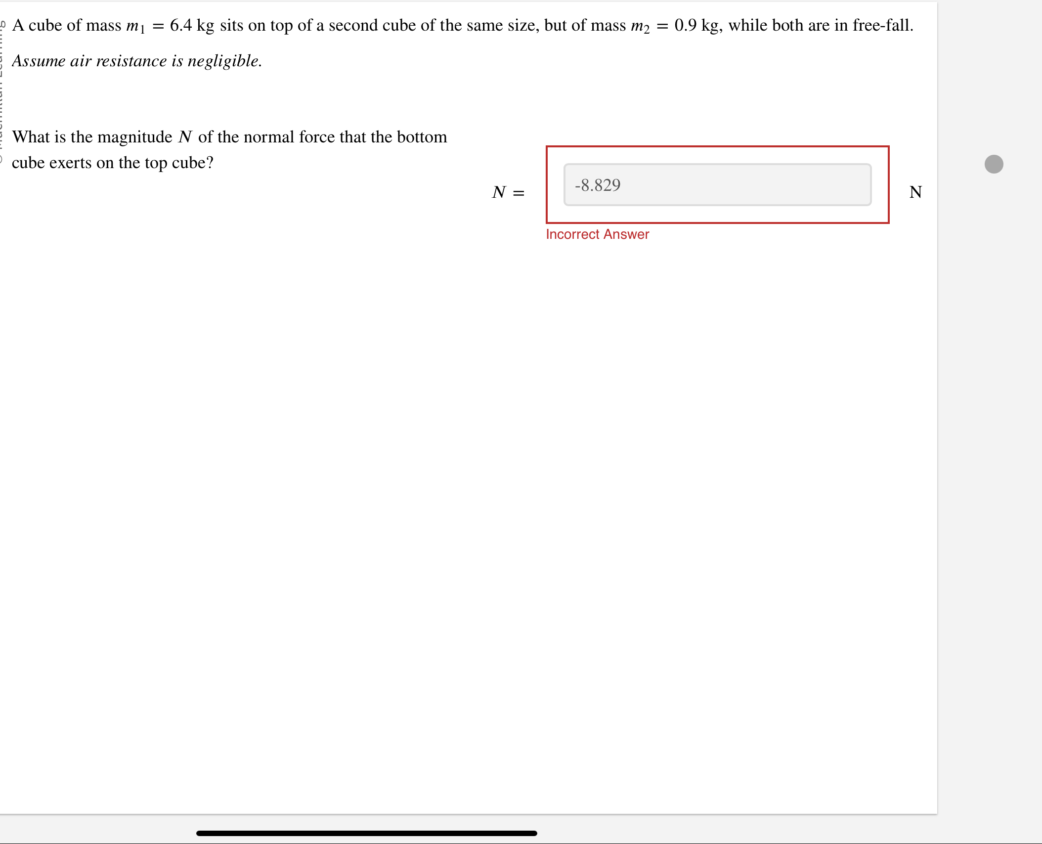 Solved A cube of mass m1=6.4kg ﻿sits on top of a second cube | Chegg.com