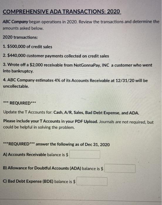 Solved COMPREHENSIVE ADA TRANSACTIONS: 2020 ABC Company | Chegg.com
