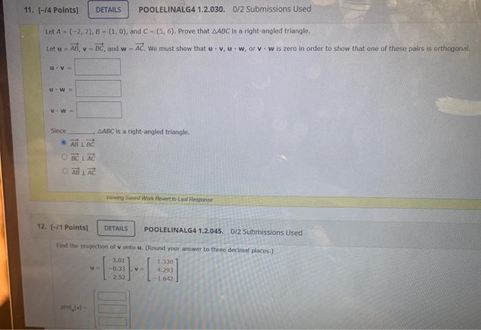 Solved 11. [-14 Points) DETAILS POOLELINALG4 1.2.030. 0/2 | Chegg.com
