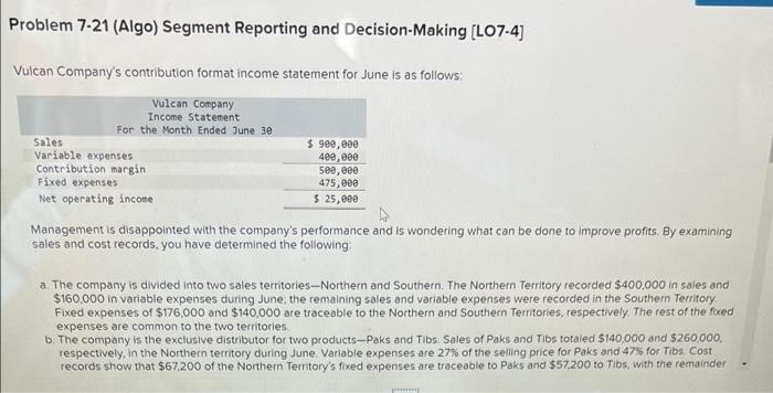 Solved Problem 7-21 (Algo) Segment Reporting and | Chegg.com