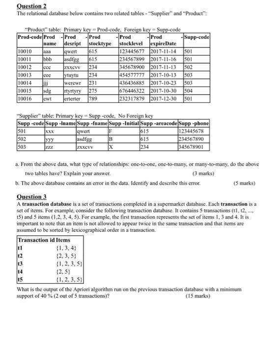 Solved Question 2 The relational database below contains two | Chegg.com