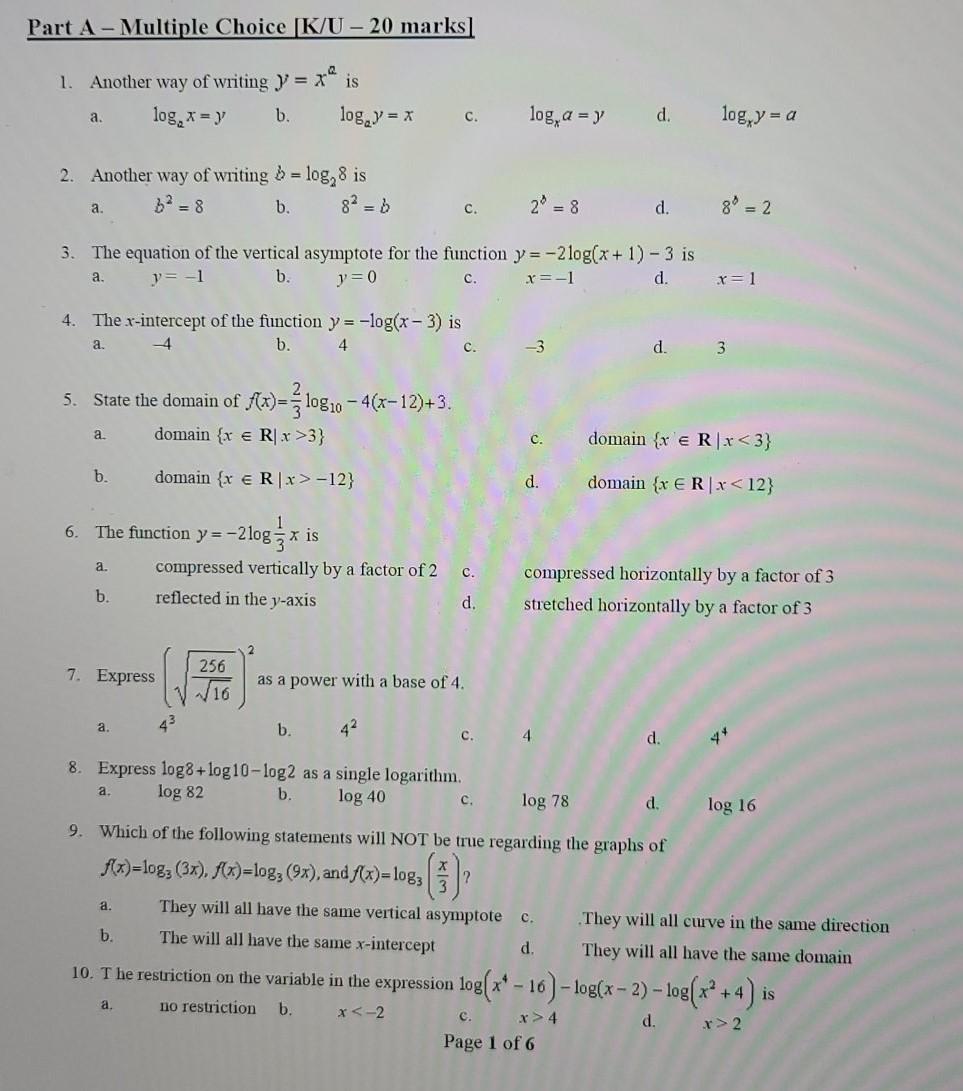 Solved Part A-Multiple Choice K/U – 20 marks 1. Another way | Chegg.com