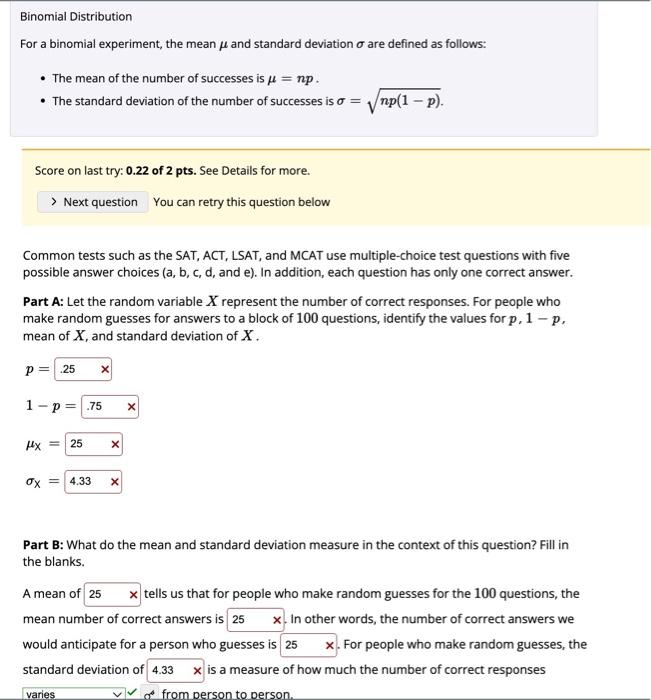 Solved Binomial Distribution For a binomial experiment, the | Chegg.com