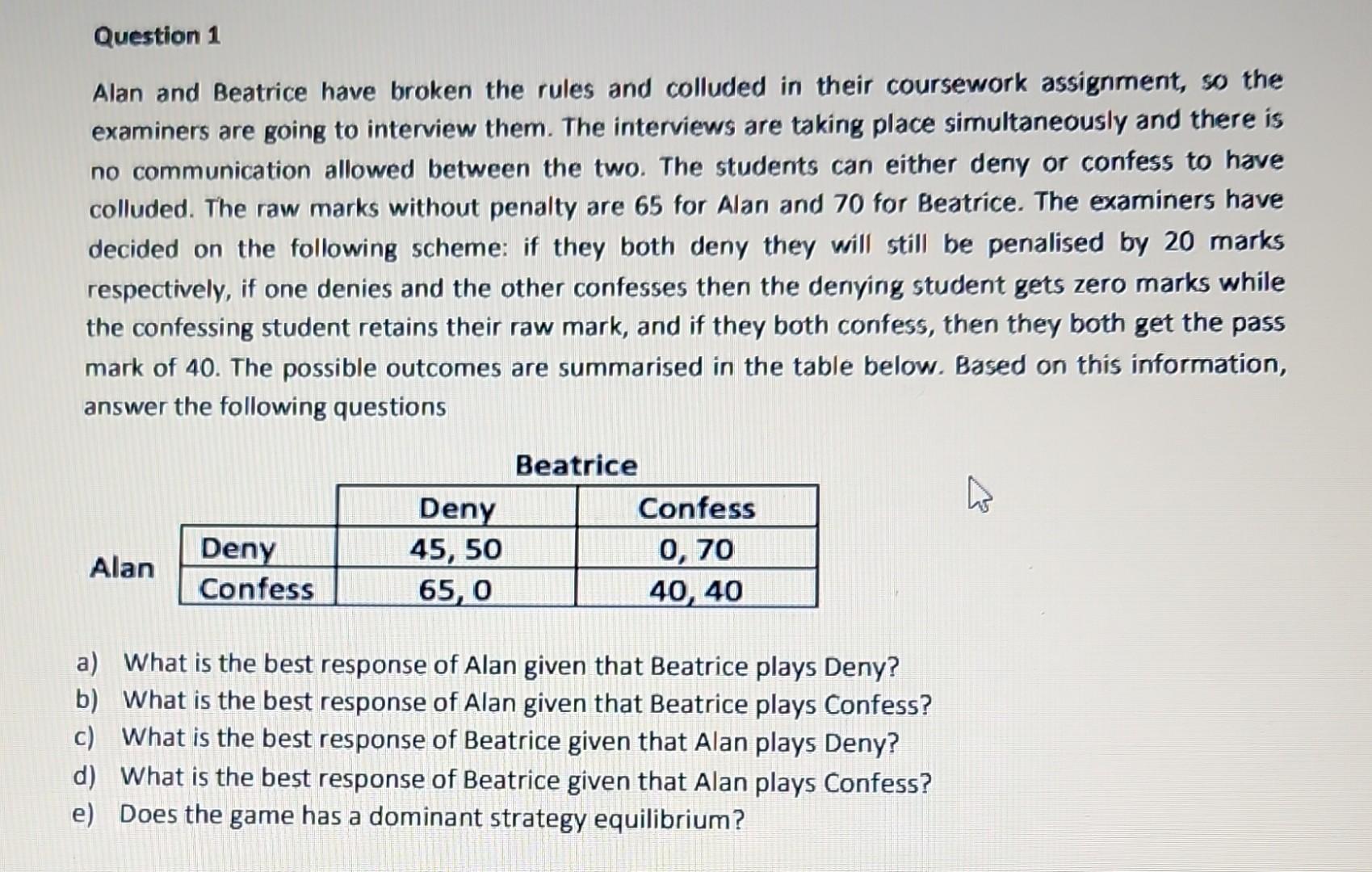 Solved Alan and Beatrice have broken the rules and colluded | Chegg.com