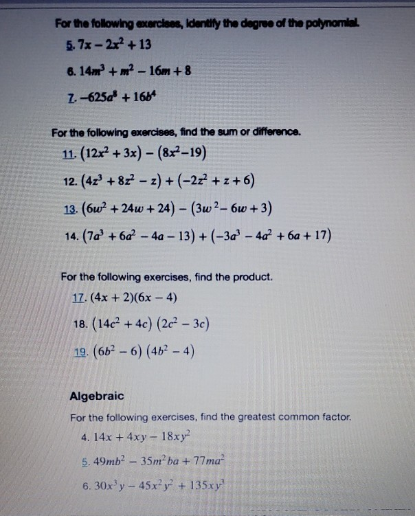 Solved For the following exercises, Identify the degree of | Chegg.com