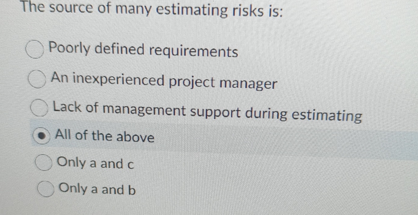 Solved The source of many estimating risks is:Poorly defined | Chegg.com