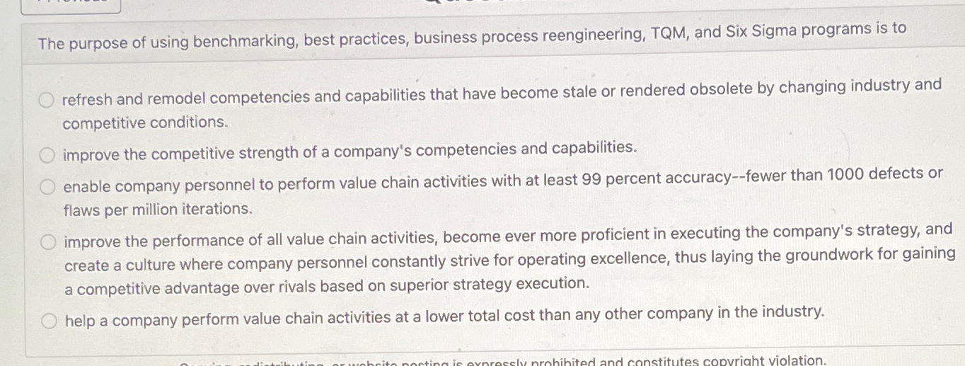 Solved The purpose of using benchmarking, best practices, | Chegg.com