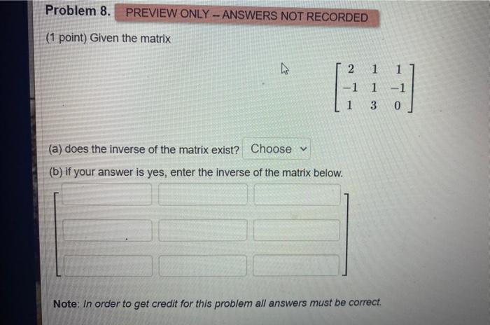 Solved Problem 8. PREVIEW ONLY - ANSWERS NOT RECORDED (1 | Chegg.com