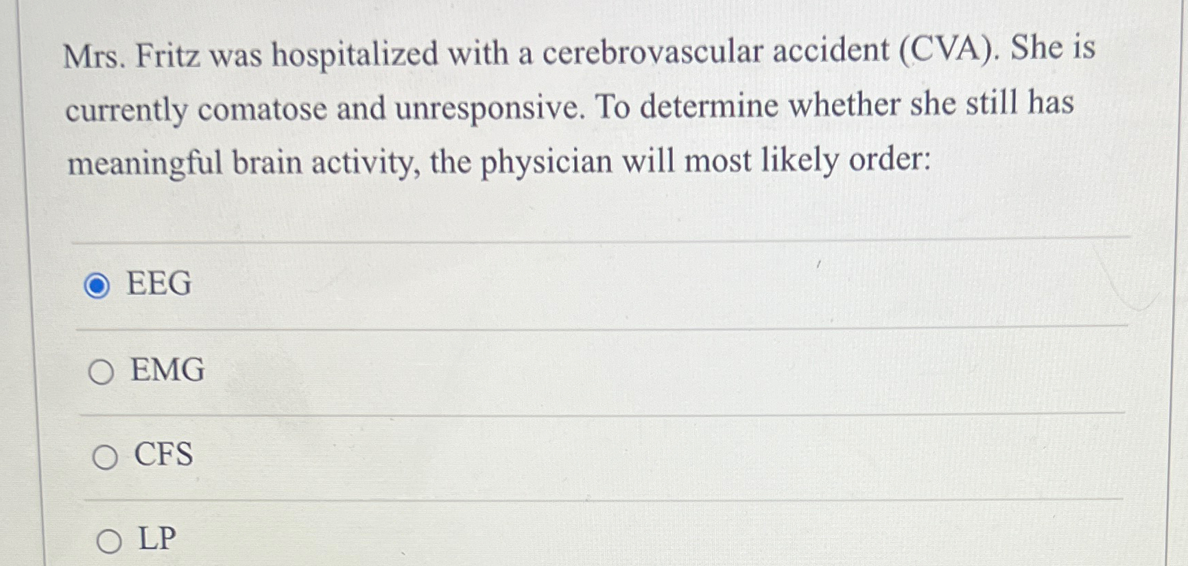 Solved Mrs. ﻿Fritz was hospitalized with a cerebrovascular | Chegg.com