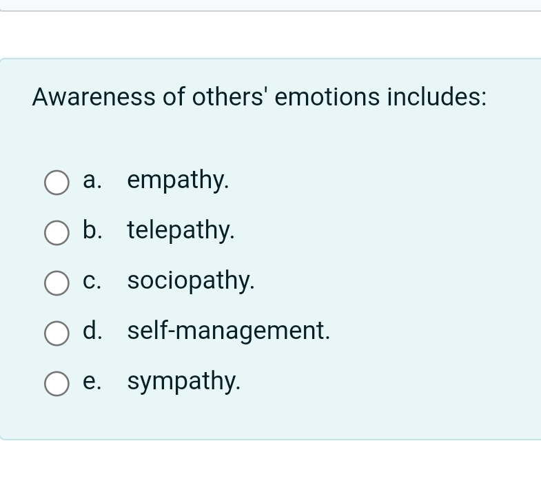 Solved Awareness of others' emotions includes:a. ﻿empathy.b. | Chegg.com
