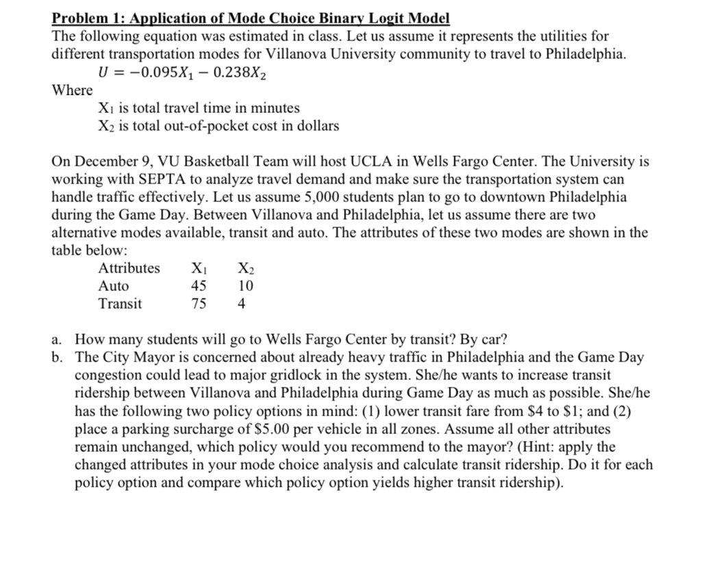 Solved Problem 1: Application of Mode Choice Binary Logit | Chegg.com
