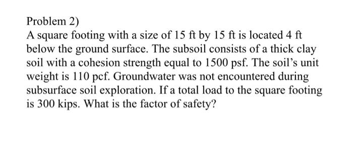 Solved Problem 2) A square footing with a size of 15ft by | Chegg.com