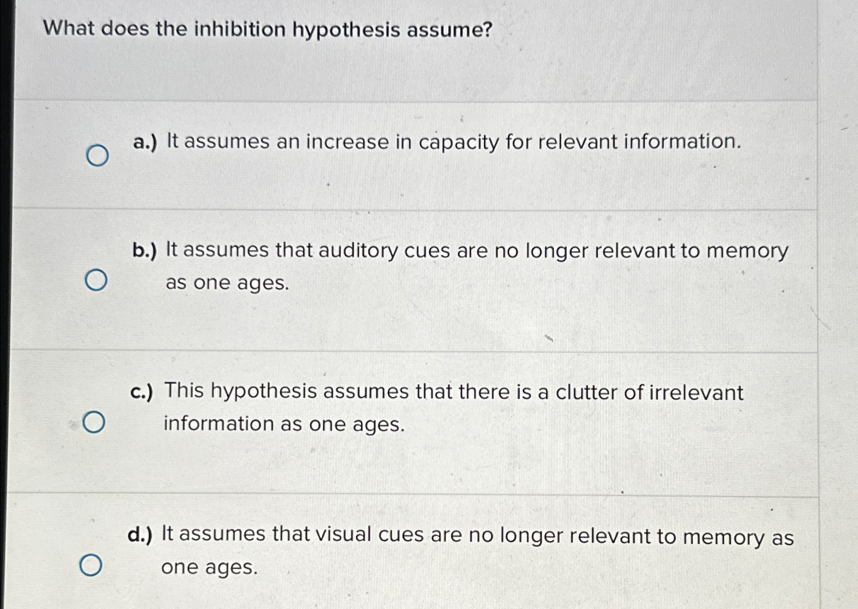 Solved What does the inhibition hypothesis assume?a.) ﻿It | Chegg.com