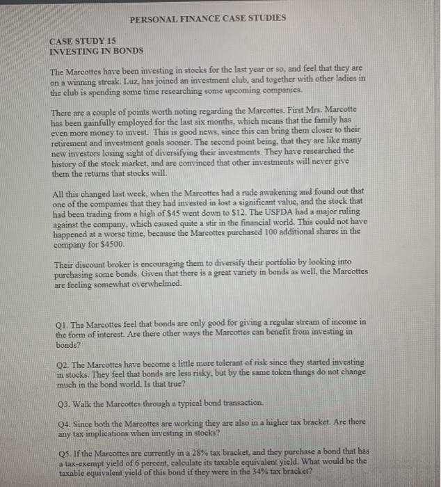 Solved PERSONAL FINANCE CASE STUDIES CASE STUDY 15 INVESTING | Chegg.com