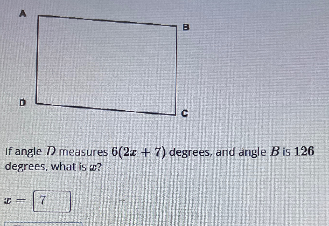 Solved AIf angle D ﻿measures 6(2x+7) ﻿degrees, and angle B | Chegg.com