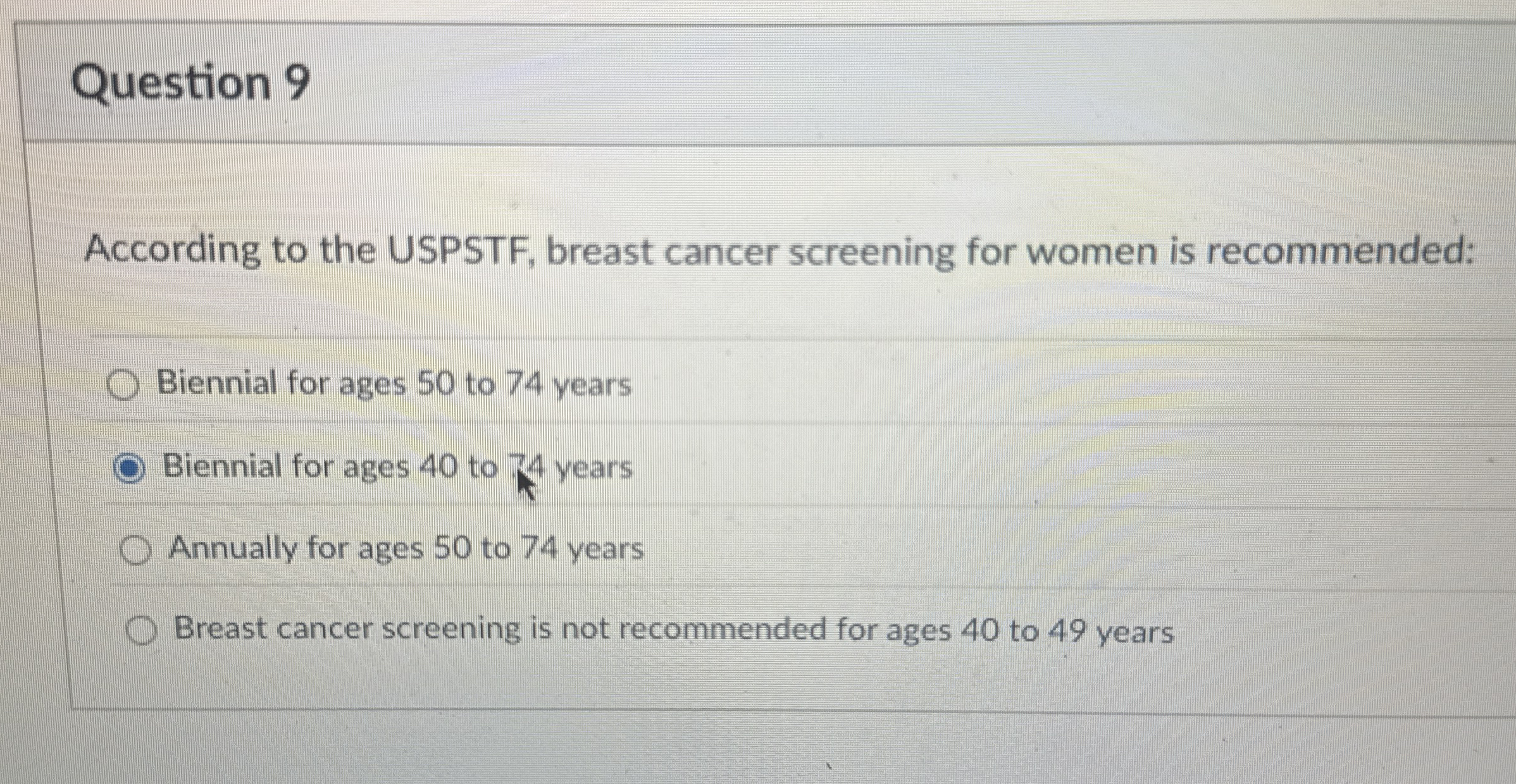 Solved Question 9According to the USPSTF, breast cancer | Chegg.com