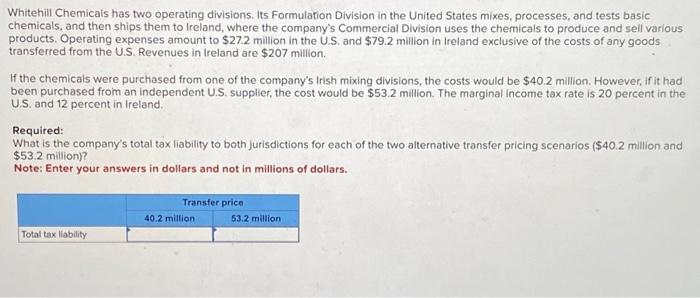 Solved Whitehill Chemicals has two operating divisions. Its | Chegg.com