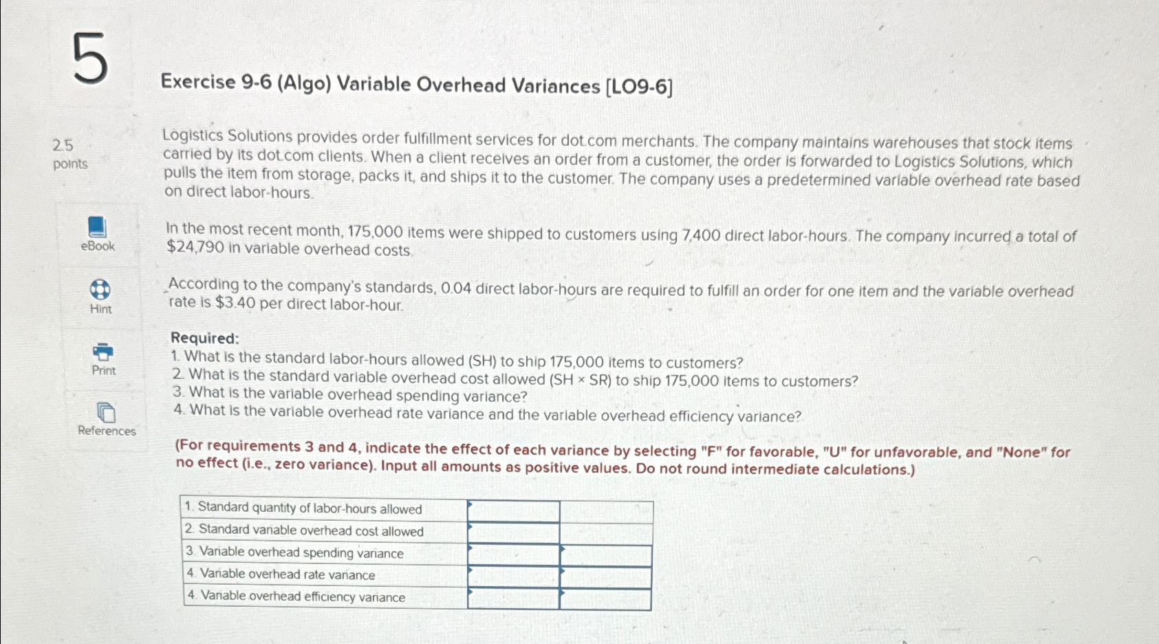 Solved Exercise 9-6 (Algo) ﻿Variable Overhead Variances | Chegg.com