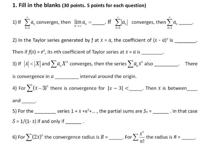 Solved 1. Fill in the blanks ( 30 points. 5 points for each | Chegg.com