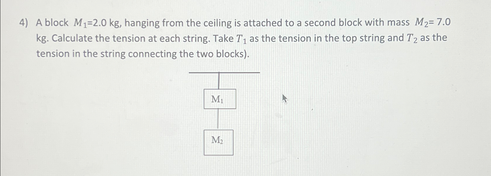 Solved A block M1=2.0kg, ﻿hanging from the ceiling is | Chegg.com