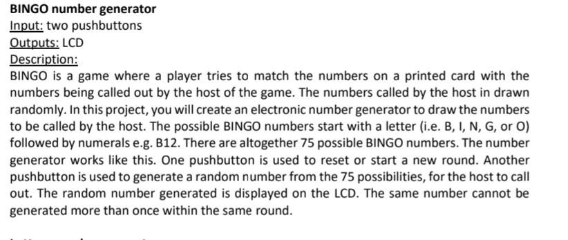 Solved BINGO number generator Input: two pushbuttons | Chegg.com