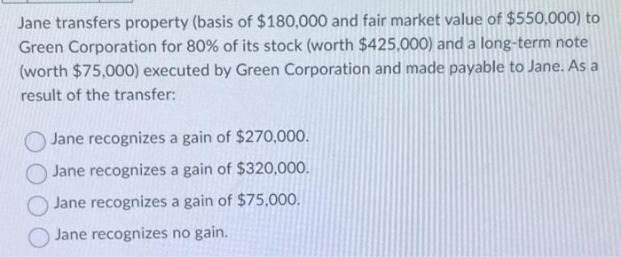 Solved Jane transfers property (basis of $180,000 and fair | Chegg.com