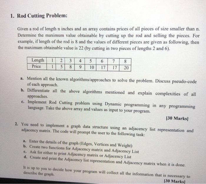 1. Rod Cutting Problem: Given a rod of length n | Chegg.com