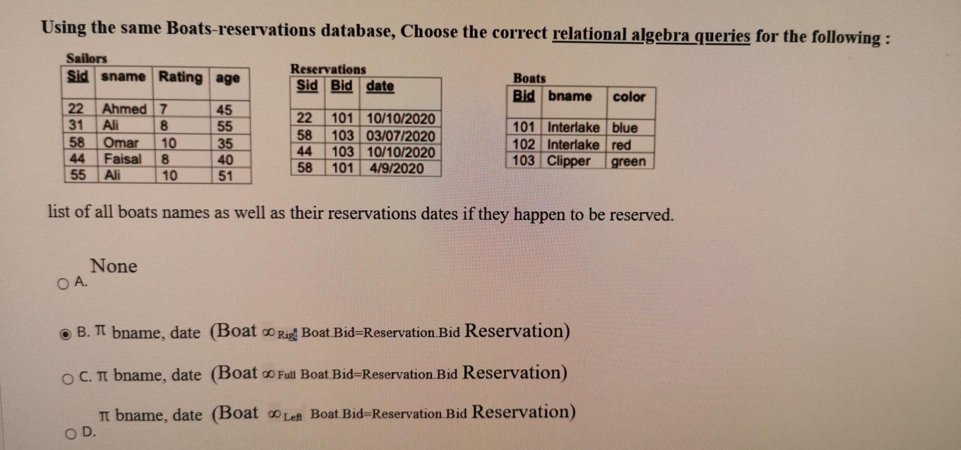 Solved Using the same Boats-reservations database, Choose | Chegg.com