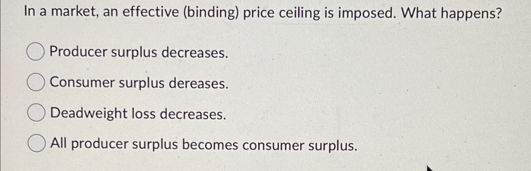 Solved In a market, an effective (binding) ﻿price ceiling is | Chegg.com