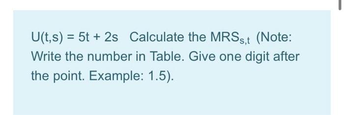 Solved U(t,s)=5t+2s Calculate the MRS Mrt,t (Note: Write the | Chegg.com