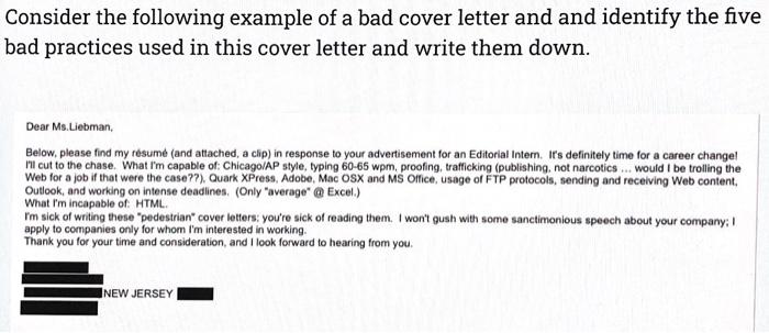 Solved Consider the following example of a bad cover letter | Chegg.com