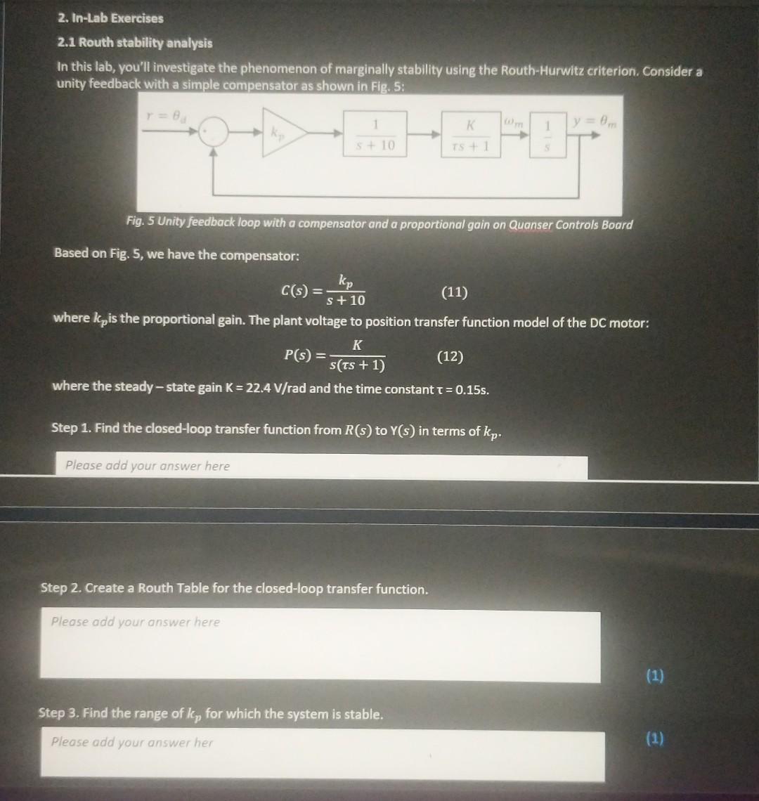 Solved 2. In-Lab Exercises 2.1 Routh stability analysis In | Chegg.com