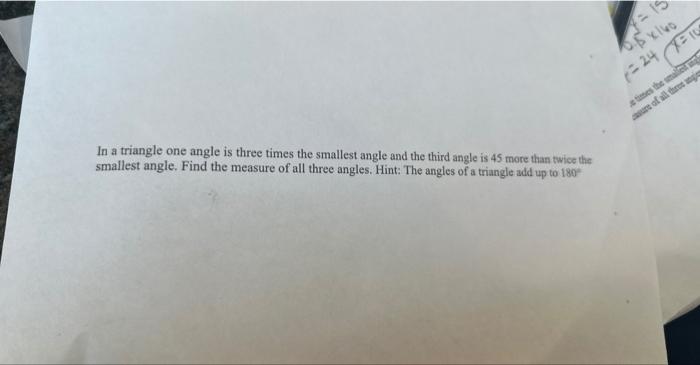 Solved In a triangle one angle is three times the smallest | Chegg.com