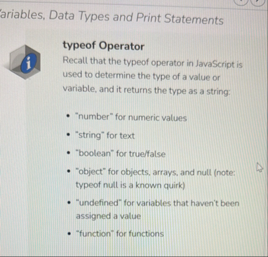 Solved ariables, Data Types and Print Statementstypeof | Chegg.com